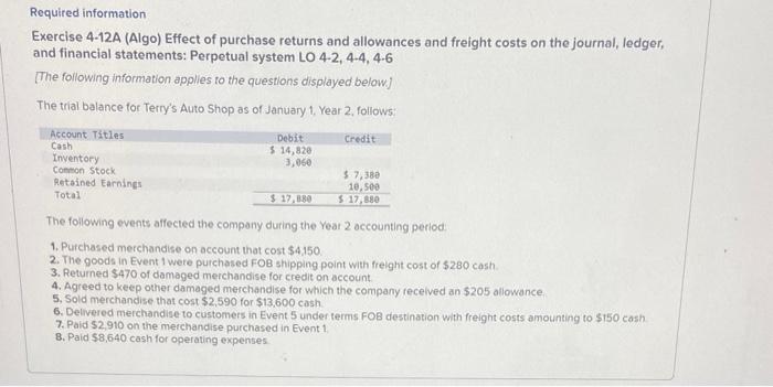Solved Required information Exercise 4-12A (Algo) Effect of | Chegg.com