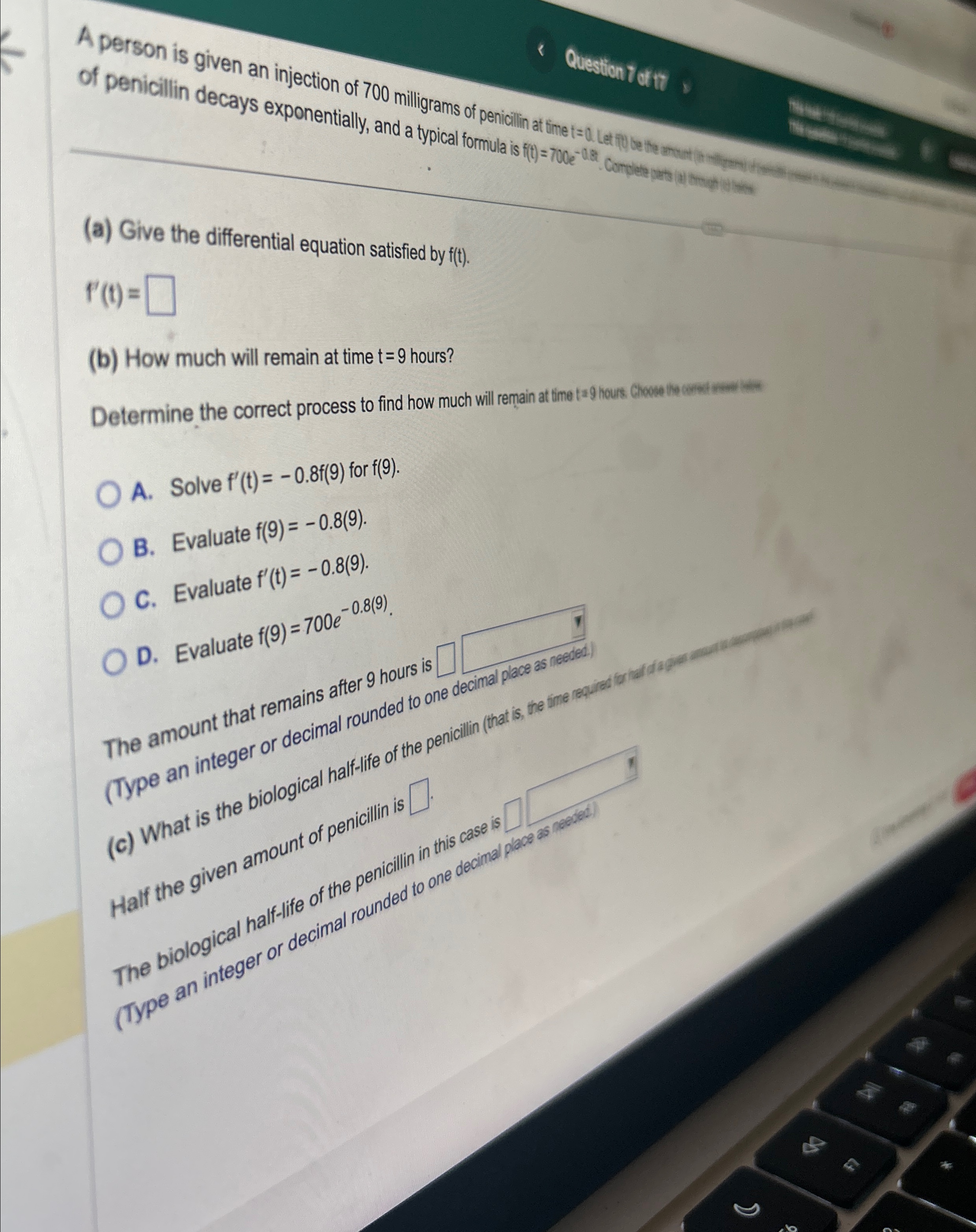 Solved f'(t)=(b) ﻿How much will remain at time t=9 | Chegg.com