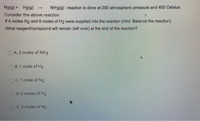 Solved N2(g) + H2(9) NH3(9): reaction is done at 200 | Chegg.com