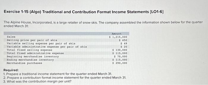 Solved Exercise 1-15 (Algo) Traditional and Contribution | Chegg.com