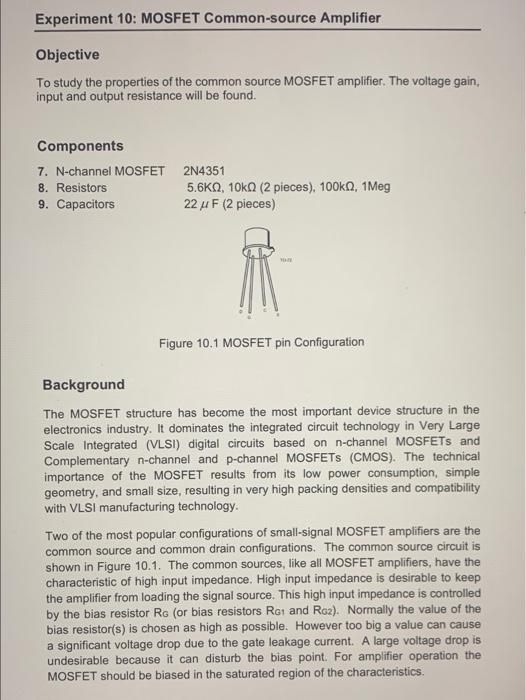 Experiment 10: MOSFET Common-source Amplifier | Chegg.com
