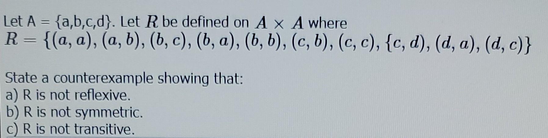 Solved Let A={3,6,9,12} Let R be defined on A×A where xRy if | Chegg.com