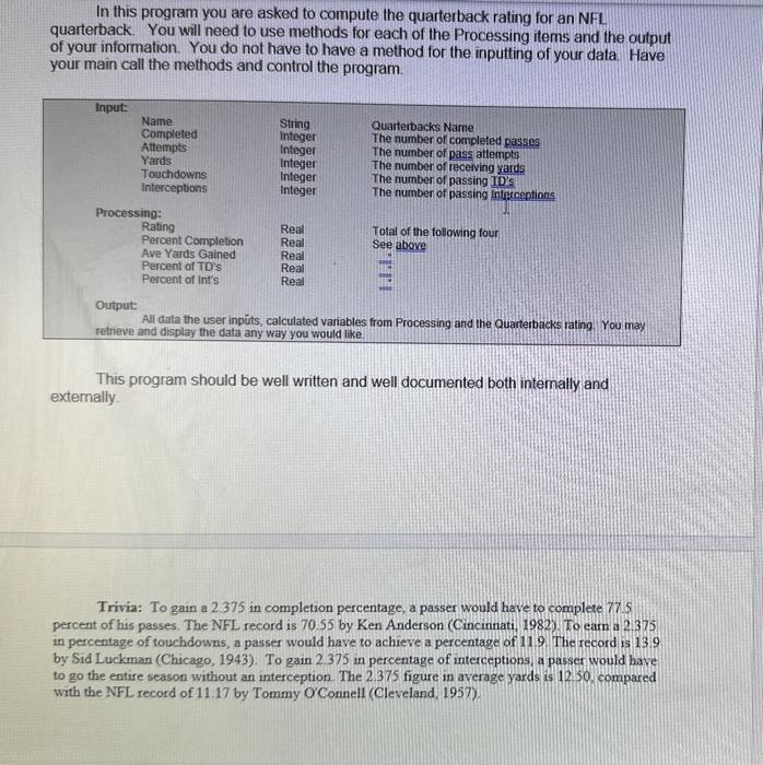 Solved NFL Quarterback Rating Formula The NFL rates its | Chegg.com