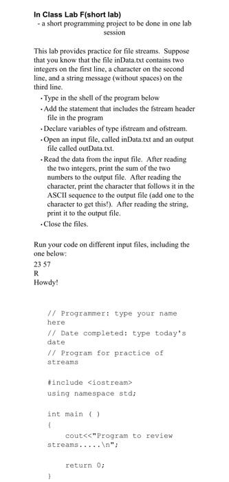 Solved In Class Lab F(short lab) - a short programming | Chegg.com