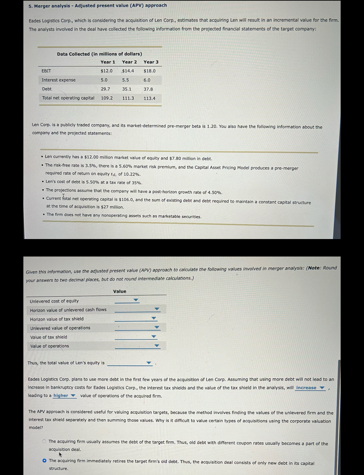 Solved Merger analysis - ﻿Adjusted present value (APV) | Chegg.com