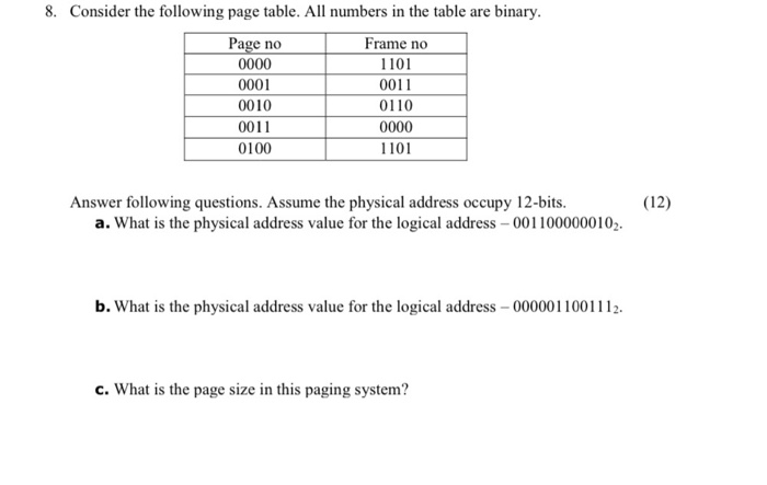 Solved 8. Consider the following page table. All numbers in | Chegg.com