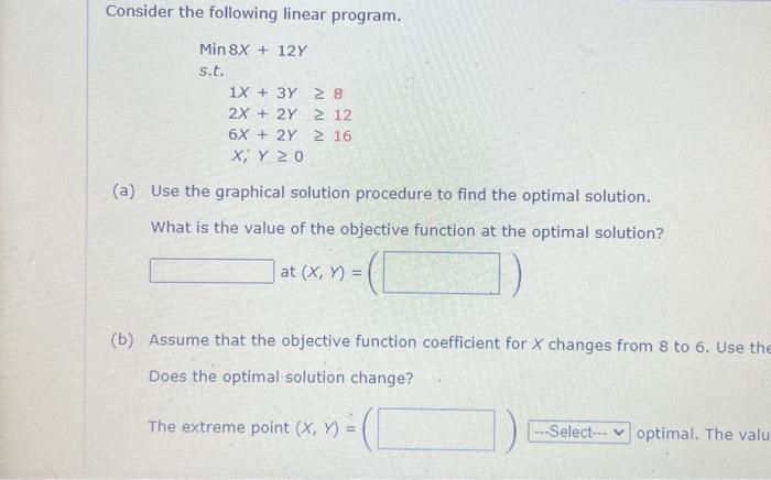 Solved Consider the following linear program. Min 8X+12Y | Chegg.com