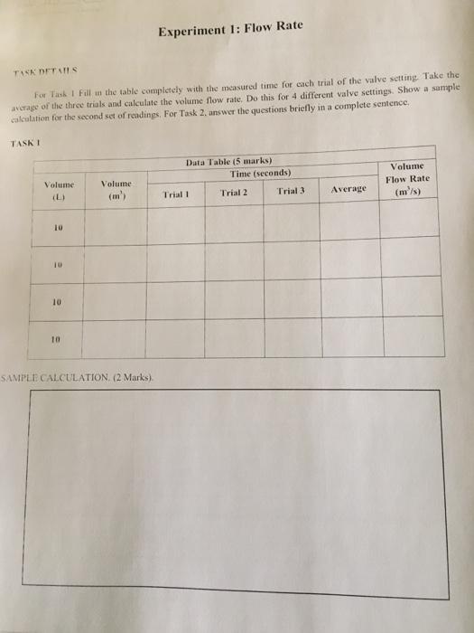 Experiment 1: Flow Rate TACK TITATS For Task I Fill | Chegg.com