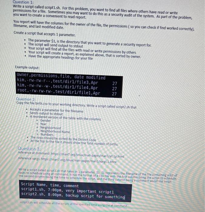 Solved Question 1: Write a script called script1.sh. For | Chegg.com
