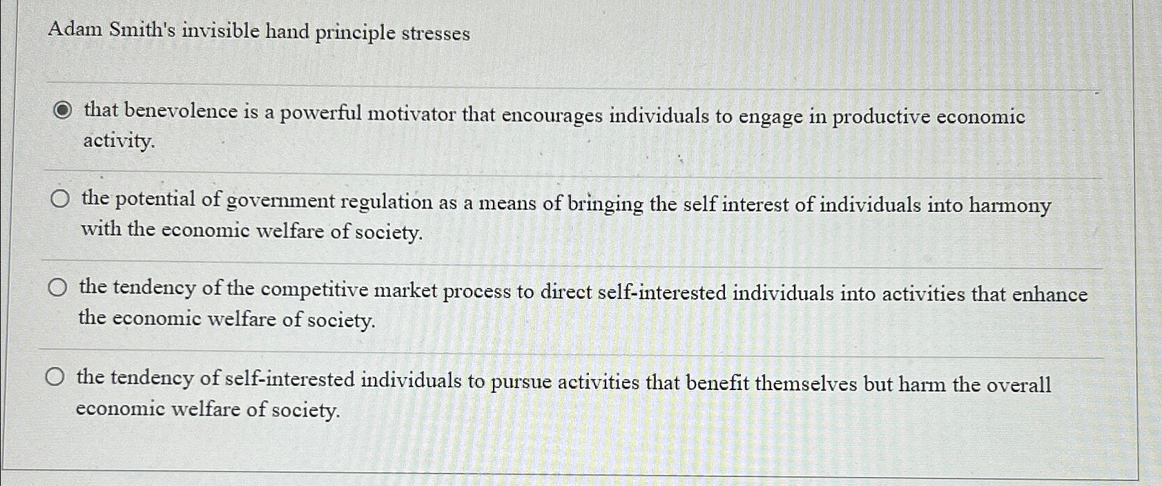 Solved Adam Smith's invisible hand principle stressesthat | Chegg.com