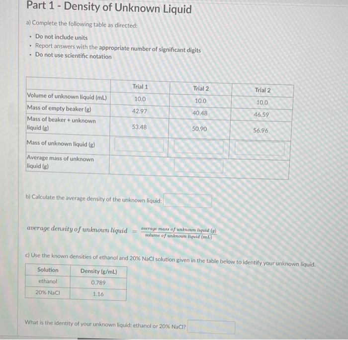 Solved Part 1 - Density of Unknown Liquid a) Complete the | Chegg.com