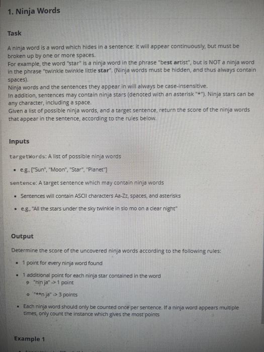 Solved Task A ninja word is a word which hides in a | Chegg.com