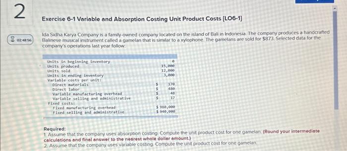 Solved Exercise 6-1 Variable and Absorption Costing Unit | Chegg.com