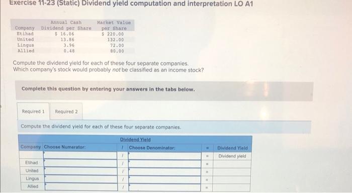 Solved Exercise 11-23 (Static) Dividend yield computation | Chegg.com