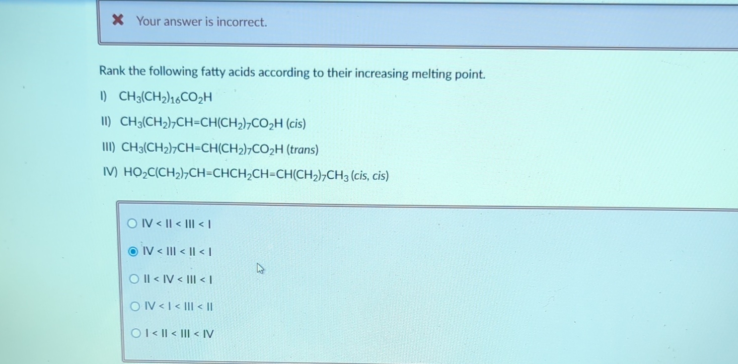 Solved X Your answer is incorrect.Rank the following fatty | Chegg.com