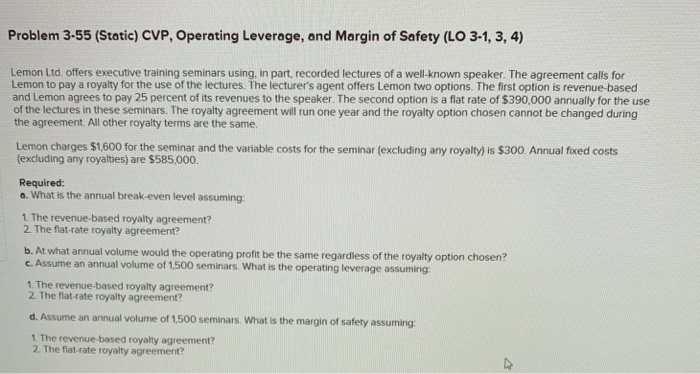 Solved Problem 3-55 (Static) CVP, Operating Leverage, and | Chegg.com