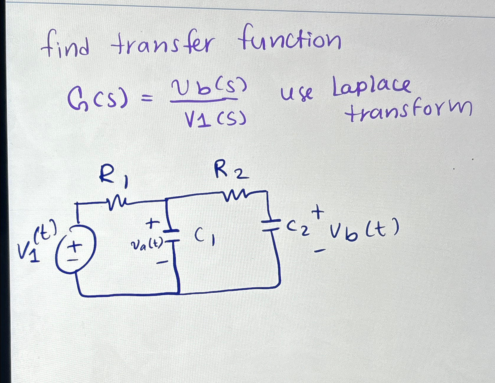 Solved find transfer function G(s)=vb(s)v1(s) ﻿use Laplace | Chegg.com