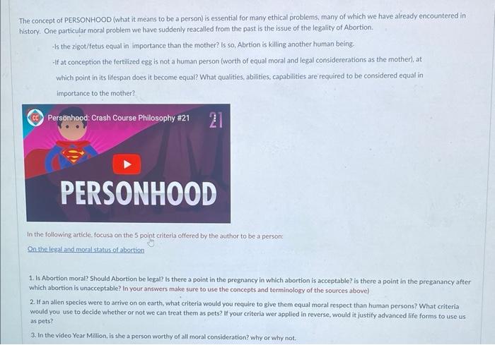 The concept of PERSONHOOD (what it means to be a | Chegg.com