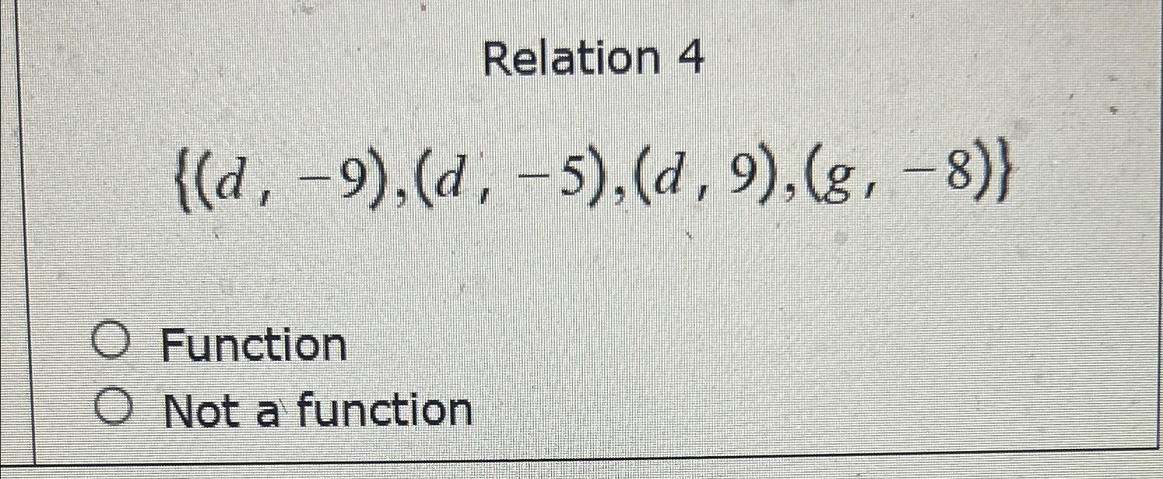 Solved Relation 4{(d,-9),(d,-5),(d,9),(g,-8)}FunctionNot a | Chegg.com