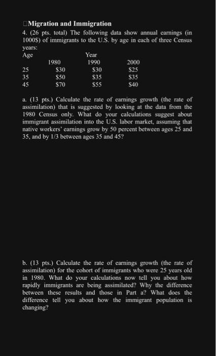 Solved Migration and Immigration 4. ( 26pts. total) The | Chegg.com