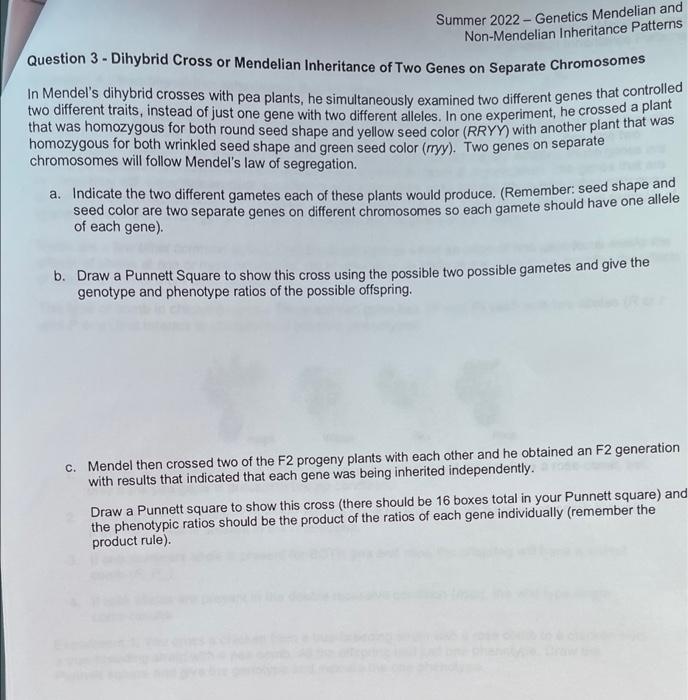 Solved Summer 2022-Genetics Mendelian and Non-Mendelian | Chegg.com