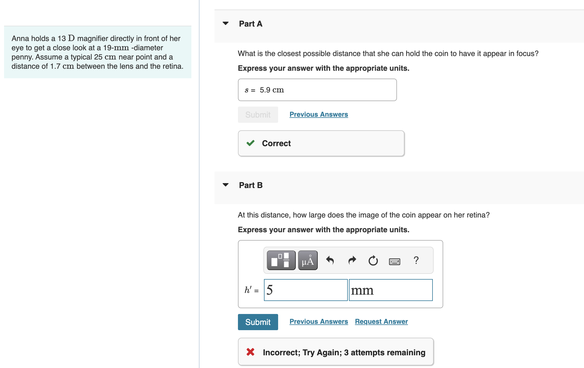 Solved Part AAnna holds a 13D ﻿magnifier directly in front | Chegg.com