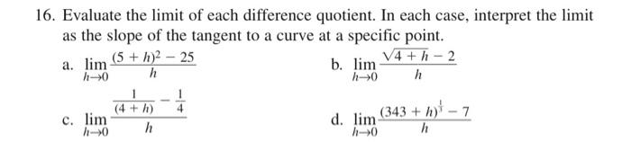 Solved 16. Evaluate the limit of each difference quotient. | Chegg.com