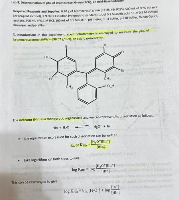 Lab 8. Determination of pKa of Bromocresol Green | Chegg.com