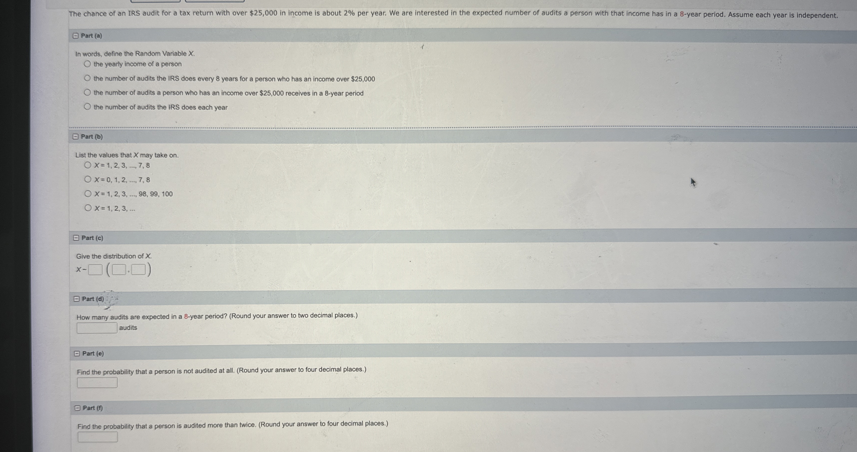 Solved Part (a)In words, define the Random Variable x.the | Chegg.com