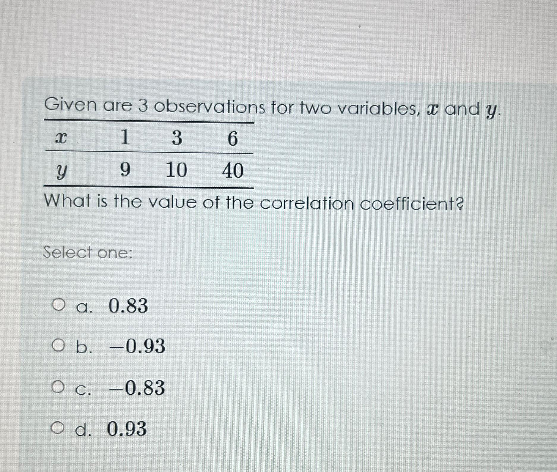 Solved Given are 3 ﻿observations for two variables, x ﻿and | Chegg.com