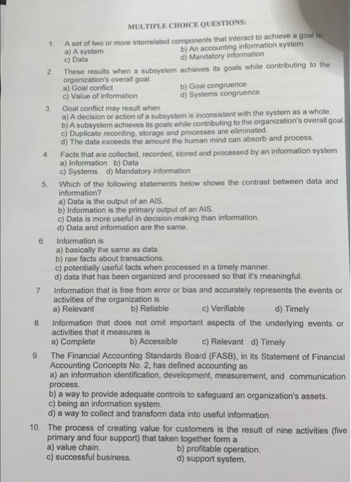 Solved 1. A set of two or more interrelated components that | Chegg.com