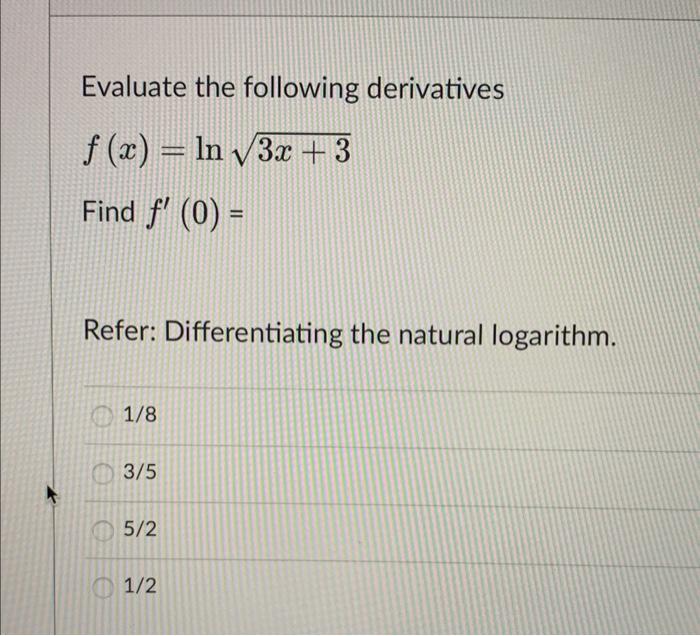 Solved Evaluate the following derivatives f(x)=ln3x+3 Find | Chegg.com
