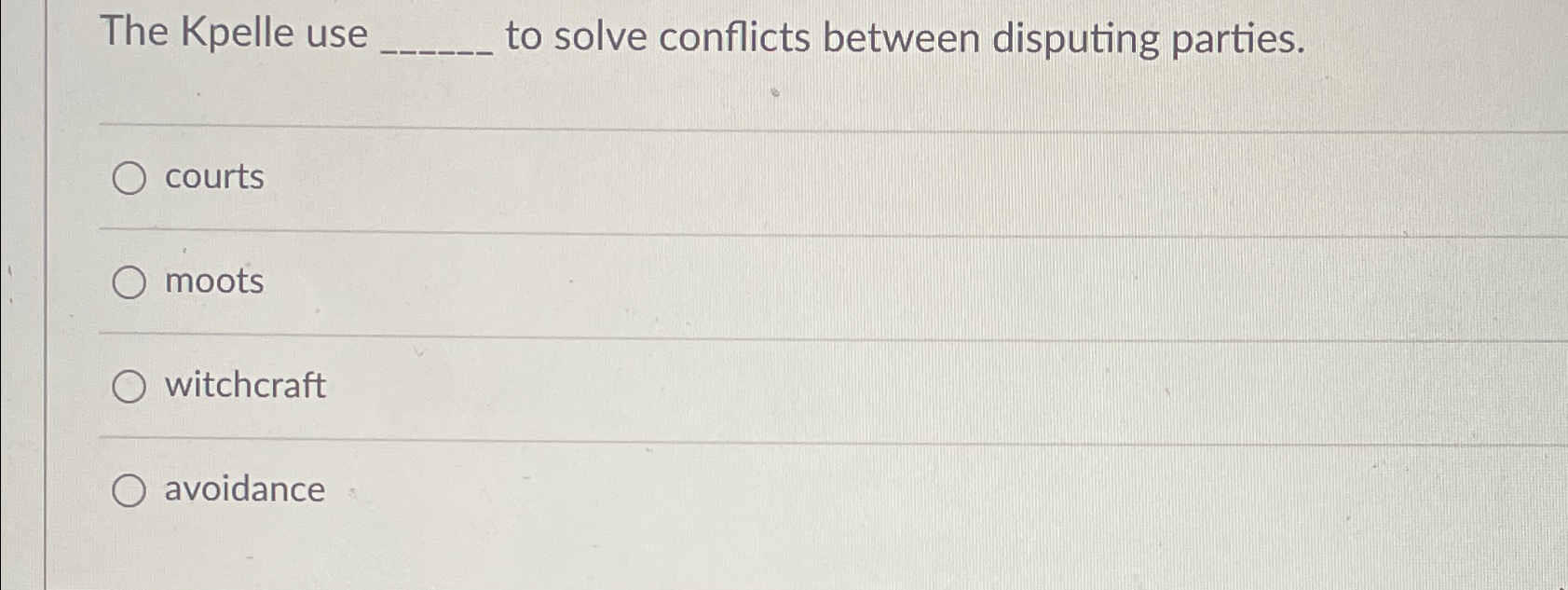 Solved The Kpelle use to solve conflicts between disputing | Chegg.com