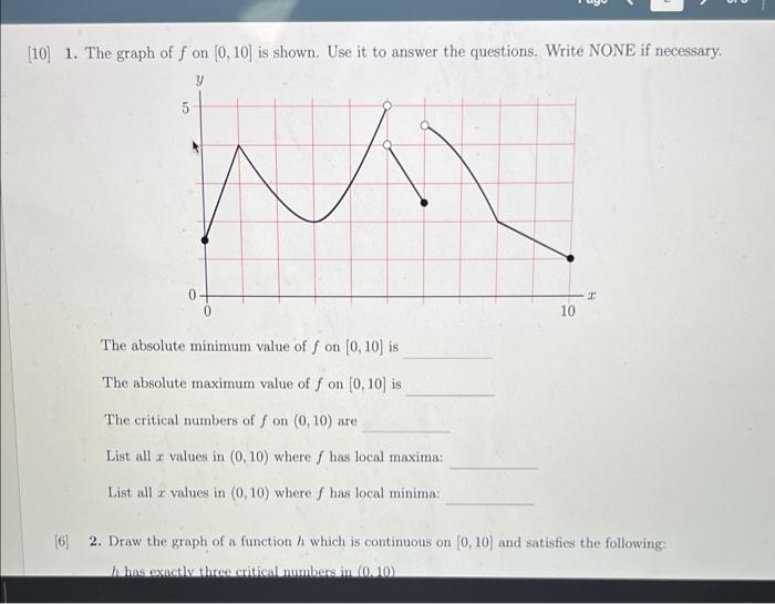 Solved 10] 1. The graph of f on [0,10] is shown. Use it to | Chegg.com