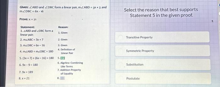 Solved Given: ∠ABD and ∠DBC form a linear pair, m∠ABD=3x+7, | Chegg.com