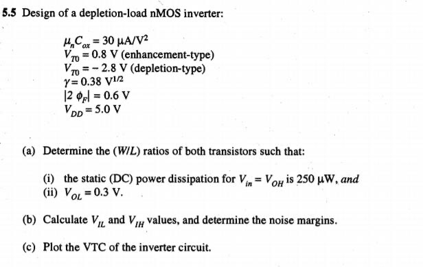 Solved 5.5 Design of a depletion-load nMOS inverter: 4.Cox = | Chegg.com