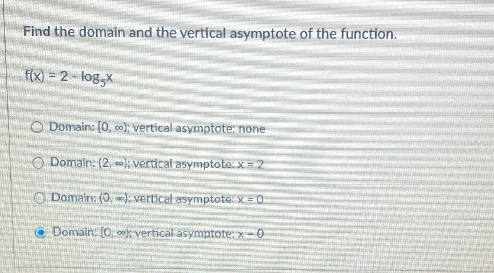 Solved Find the domain and the vertical asymptote of the | Chegg.com