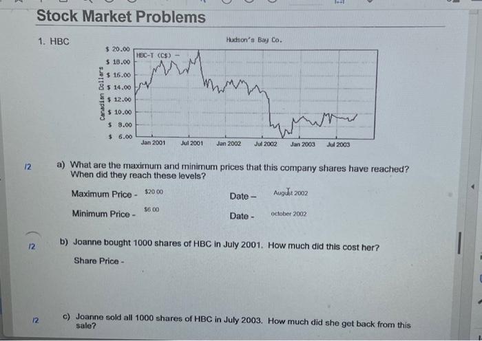 Stock Market Problems 1. HBC a) What are the maximum | Chegg.com