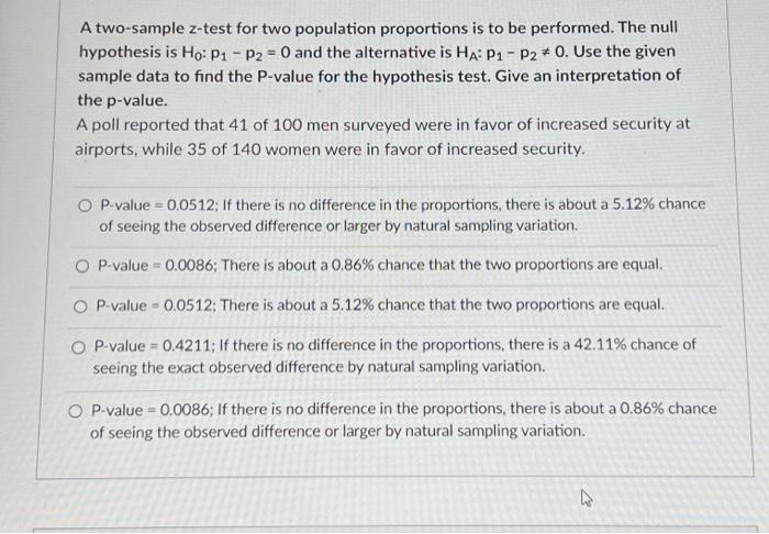 A two-sample z-test for two population proportions is | Chegg.com