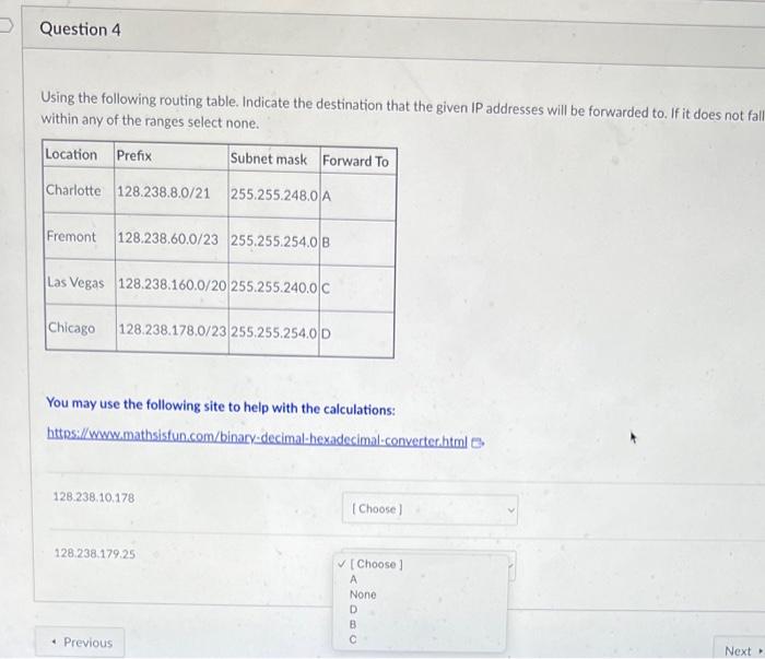 Solved Using the following routing table. Indicate the | Chegg.com
