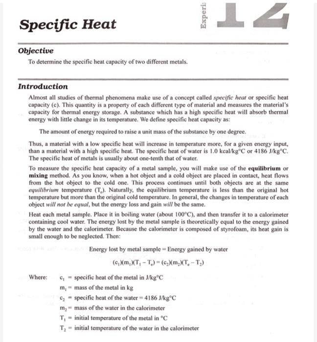 Solved 114 Specific Heat Objective To determine the specific | Chegg.com