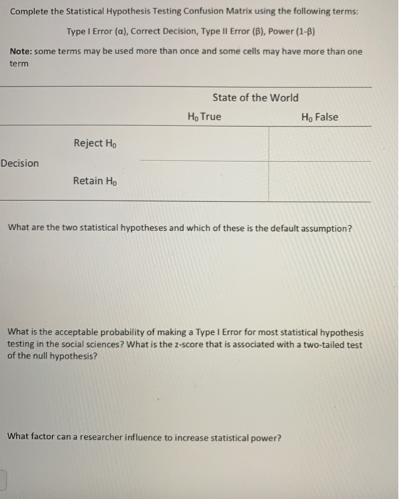 Solved Complete the Statistical Hypothesis Testing Confusion | Chegg.com
