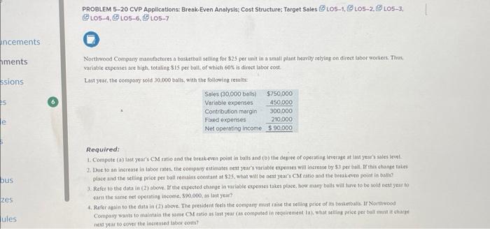Solved PROBLEM 5-20 CVP Applications: Break-Even Analysis; | Chegg.com