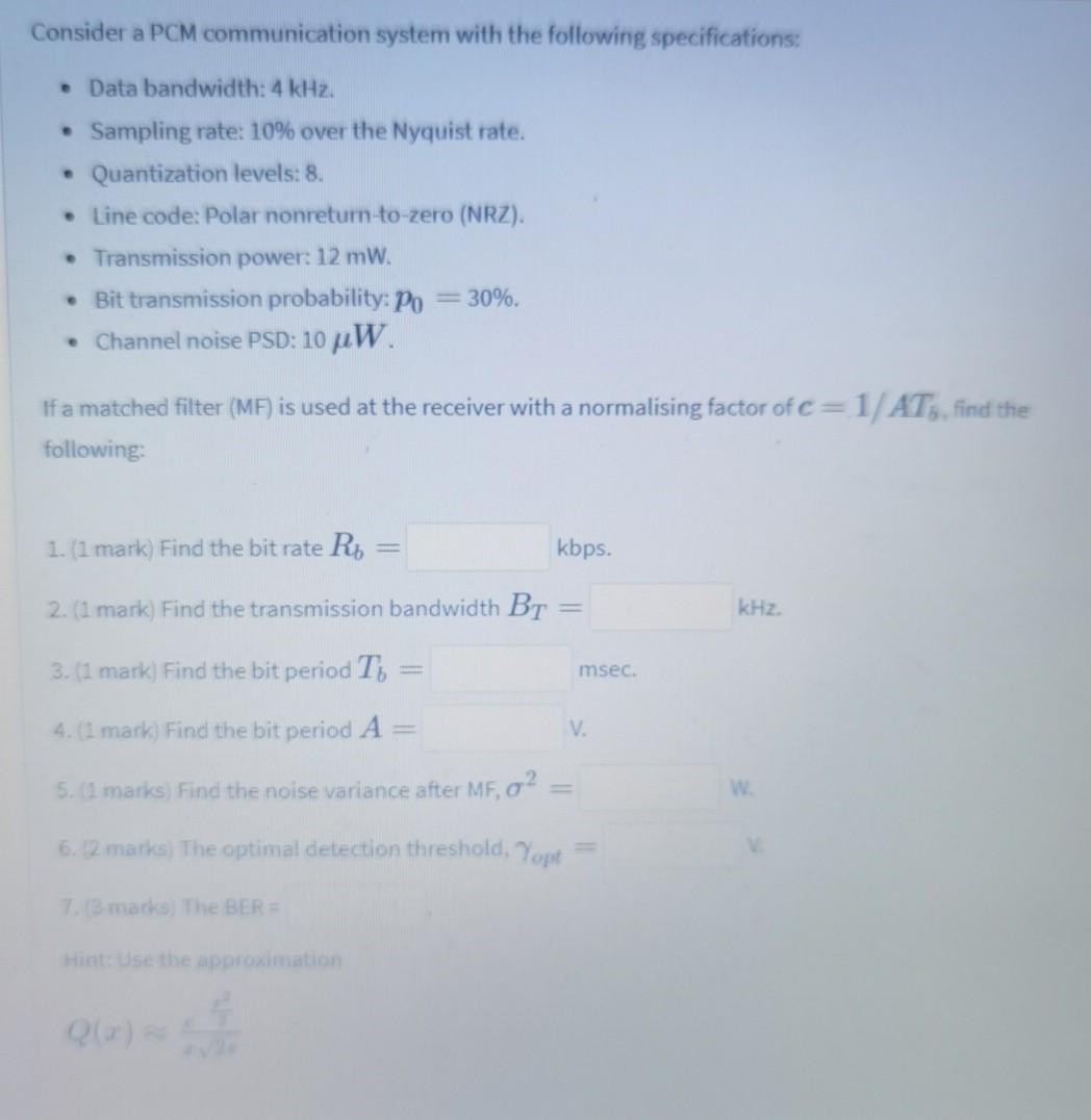Solved Consider a PCM communication system with the | Chegg.com