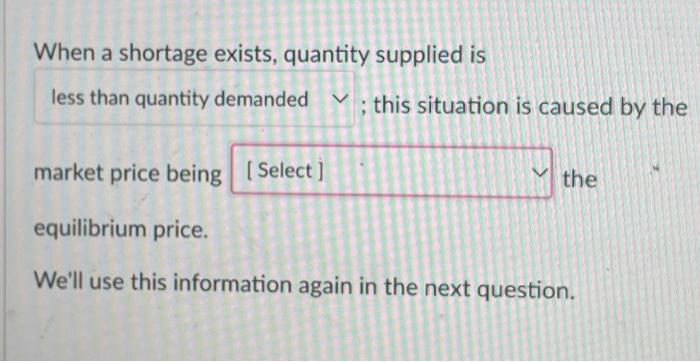 Solved When a shortage exists, quantity supplied is ; this | Chegg.com