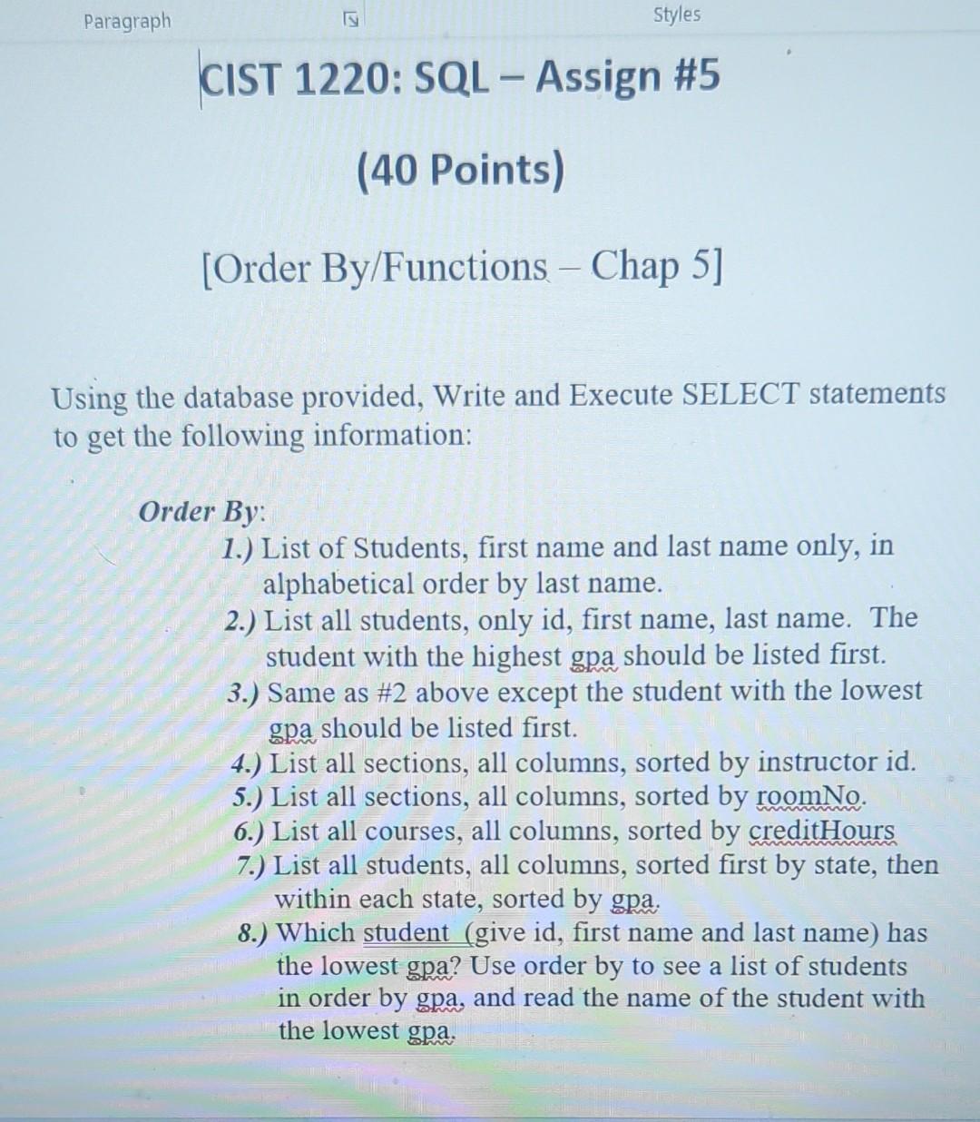 Solved CIST 1220: SQL - Assign \#5 (40 Points) [Order | Chegg.com