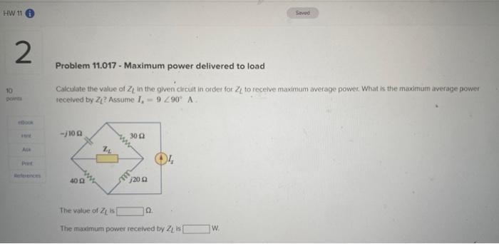 Solved Problem 11.017 - Maximum power delivered to load | Chegg.com