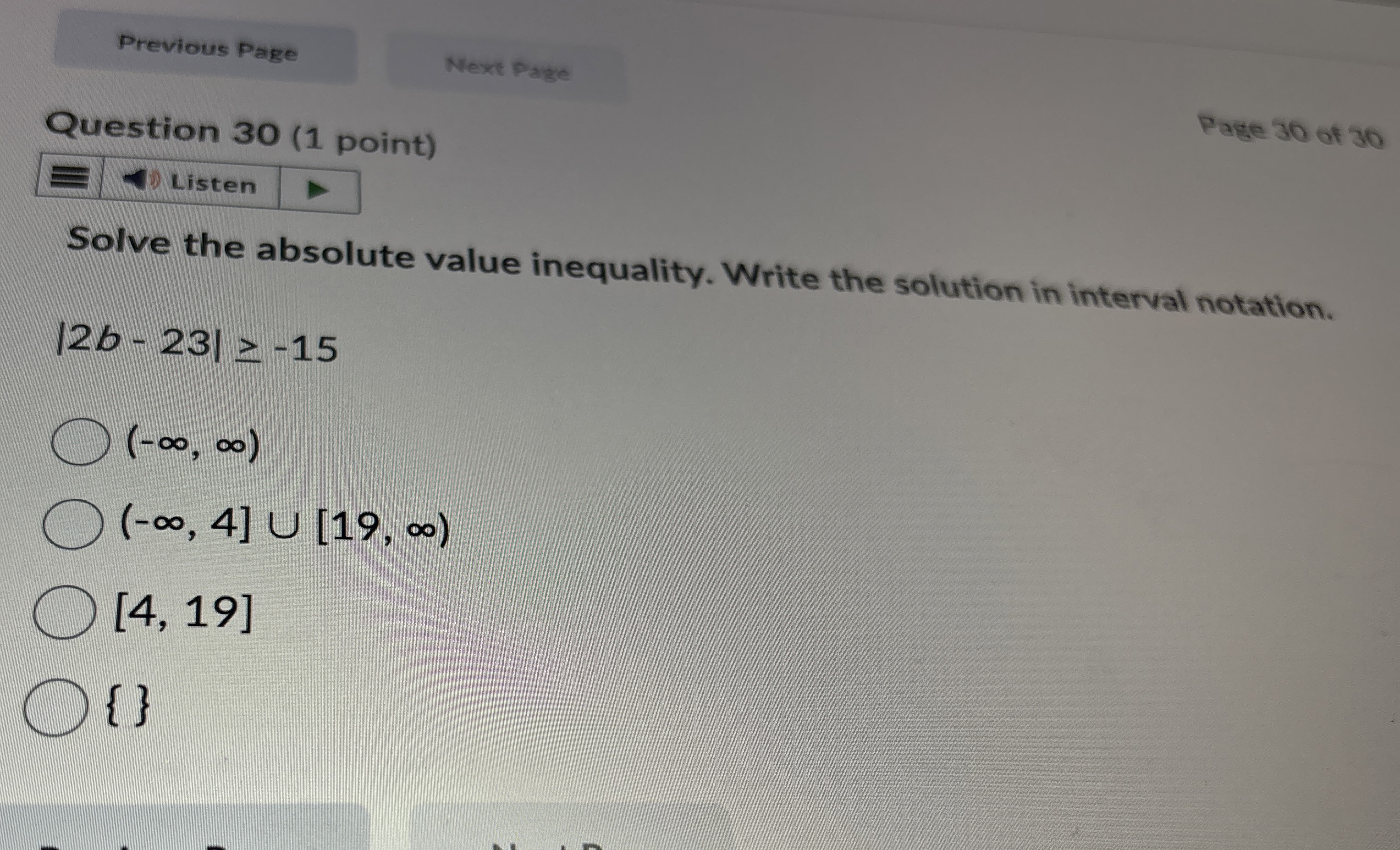 Solved Question 30 (1 ﻿point)Page 30 ﻿of 30ListenSolve the | Chegg.com