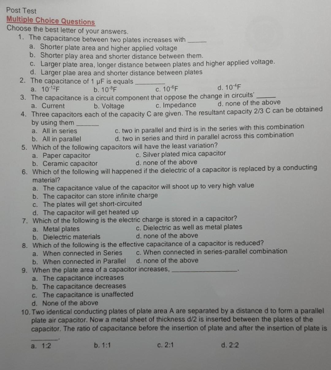 Solved C. 10-6F Post Test Multiple Choice Questions Choose | Chegg.com