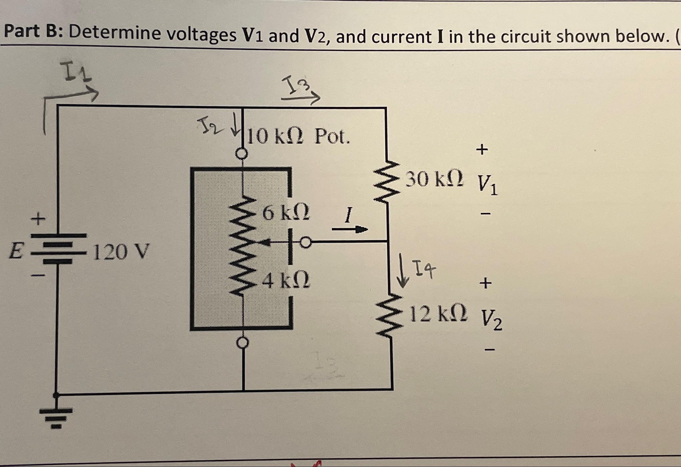 Solved Part B: Determine voltages V1 ﻿and V2, ﻿and current I | Chegg.com
